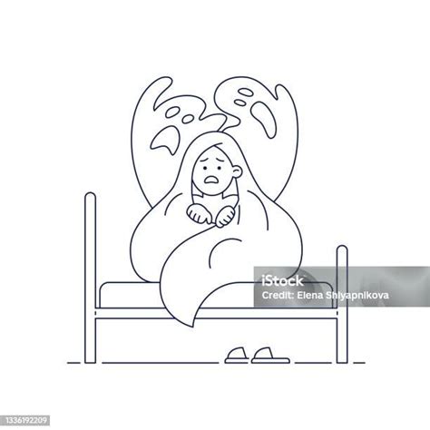 아이들은 악몽 벡터 일러스트 겁에 질린 소년은 나쁜 꿈에서 유령에서 담요 아래에 숨어 편집 가능한 스트로크는 흰색에 격리됩니다 유치한 두려움 아이들은 웹에 대한 악몽 개념