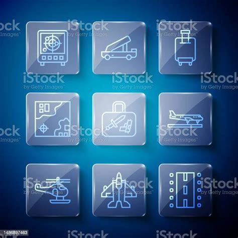 라인 헬리콥터 제트 전투기 공항 활주로 여행 가방 세계 여행지도 모니터 및 비행기 아이콘에 대상이있는 레이더를 설정하십시오 벡터