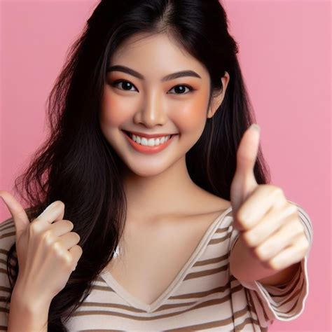 Premium Photo Portrait Happy Asian Cute Woman Shows Thumb Up And