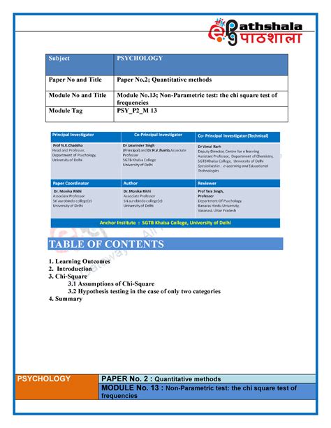 Non Parametric Test The Chi Square Test Of Frequencies Psychology Paper No 2 Quantitative