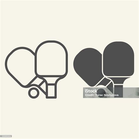 탁구 라켓 라인과 실체 아이콘 베이지 색 배경에 테니스 윤곽 스타일 픽토그램을 재생하기위한 두 개의 라켓 모바일 개념 및 웹 디자인을위한 탁구 패들과 공 벡터 그래픽 건강한