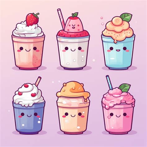 Premium Photo A Group Of Cute Milkshakes With Different Faces And Toppings Generative Ai