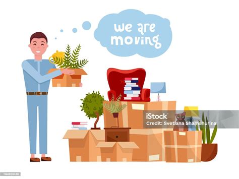 로더 무버 남자의 벡터 만화 일러스트 상자 운반 가구와 쌓인 골판지 상자의 더미 홈 이동을위한 개념 흰색 배경에 격리 편지 따옴표 우리가 움직이고 있다 짐 싸기에 대한 스톡