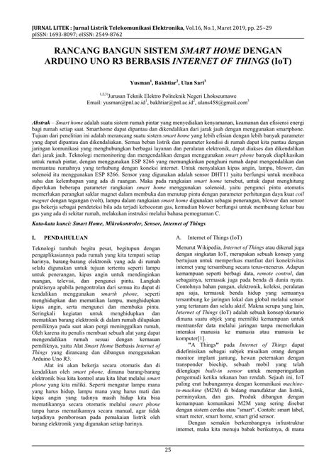 Pdf Rancang Bangun Sistem Smart Home Dengan Arduino Uno R3 Berbasis Internet Of Things Iot