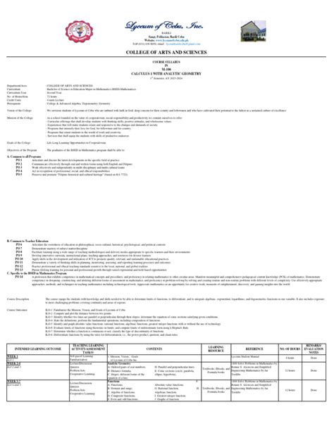 Syllabus Calculus 1 With Analytic Geometry Pdf Function