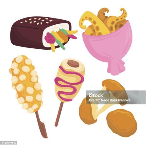 손으로 그린 한국 길거리 음식 요소 세트 벡터 그림입니다 고기에 대한 스톡 벡터 아트 및 기타 이미지 고기 국수 그릇 Istock