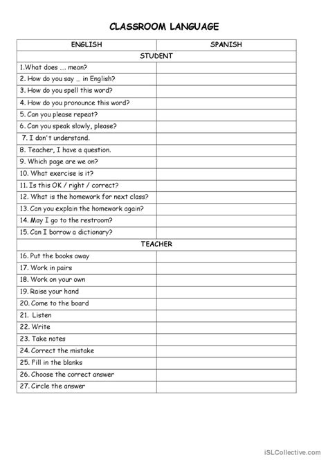 Classroom Language English Esl Worksheets Pdf And Doc