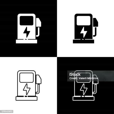 흑백 배경에 격리된 전기 자동차 충전소 아이콘을 설정합니다 에코 전기 연료 펌프 표지판 벡터 개념에 대한 스톡 벡터 아트 및 기타 이미지 Istock