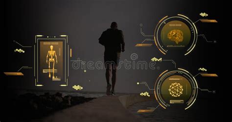 Animation Of Human Body And Scientific Data Processing Over African American Man Running Stock