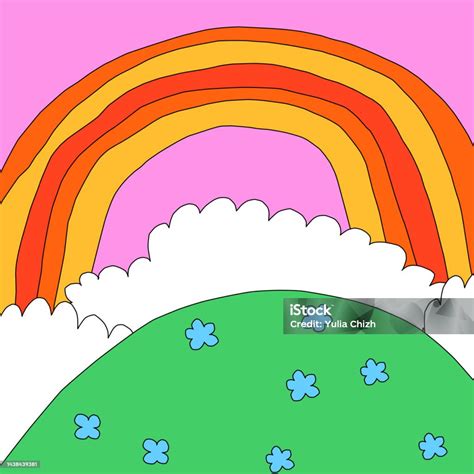 소셜 미디어에 대 한 사각형 템플릿입니다 편집 가능한 레이어드 사진 프레임1970 사이키델릭하고 그루비한 히피족 무지개 하늘 구름이 있는 판타지 순진한 배경90년대 좋은