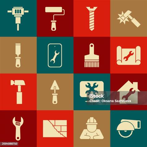 전기 원형 톱 집 수리 그래프 용지 및 렌치 금속 나사 모바일 서비스 Rasp 금속 파일 건설 착암기 및 페인트 브러시 아이콘을 설정합니다 벡터 갈고리 발톱에 대한 스톡