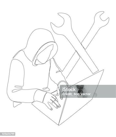 노트북과 렌치와 컴퓨터 해커의 하나의 연속 라인 가는 선 그림 벡터 개념입니다 등고선 그리기 창의적인 아이디어 강철에 대한 스톡 벡터 아트 및 기타 이미지 Istock