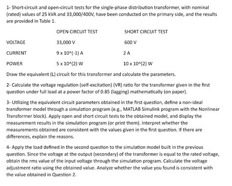 Solved 1 Short Circuit And Open Circuit Tests For The