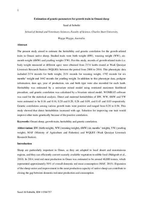 Pdf Genetic Parameters Of Growth In Omani Sheep