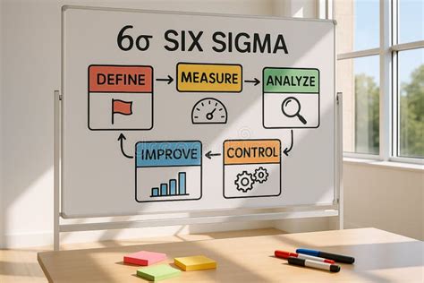 Six Sigma Dmaic Workflow Explained On Whiteboard With Colored Boxes And