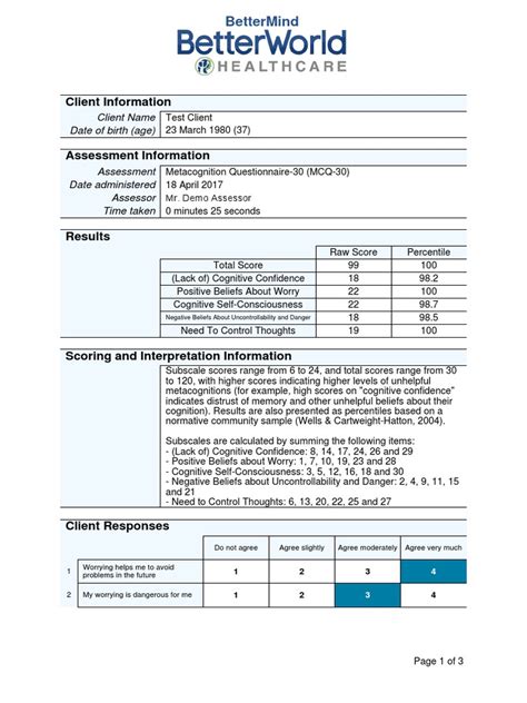 Metacognition Questionnaire 30 Mcq 30 Pdf Thought Metacognition
