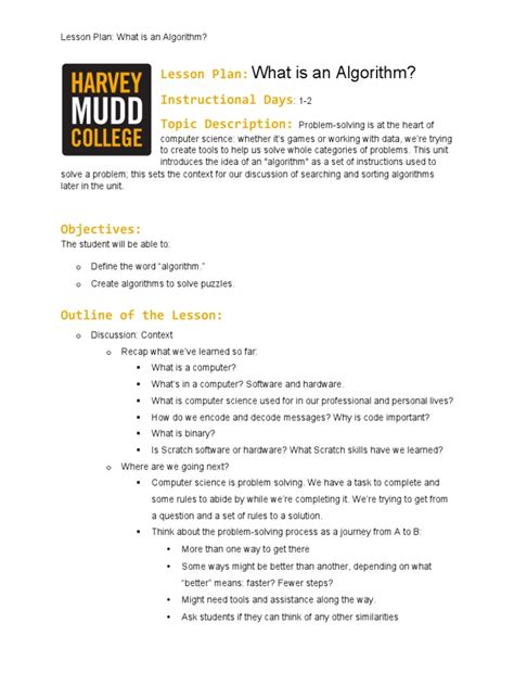 Pdf Introduction To Algorithms Lesson Plan Pdf Algorithms Lesson Plan