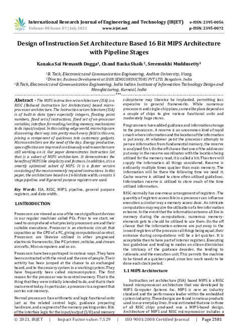 Pdf Design Of Instruction Set Architecture Based 16 Bit Mips
