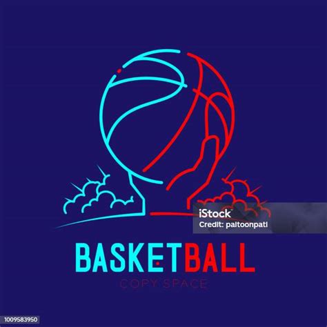 손을 구름 반경 로고 아이콘 개요 스트로크 설정된 대시 라인 디자인 일러스트 어두운 파란색 배경에 농구 텍스트와 복사 공간에 고립 된 농구를 잡고 Championship에