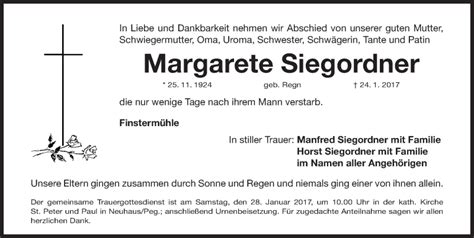 Traueranzeigen Von Margarete Siegordner Trauer Nn De