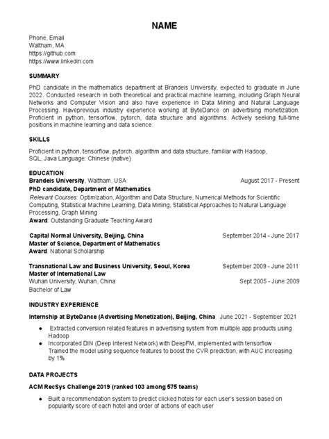 Data Science Machine Learning Resume Pdf Machine Learning Artificial Neural Network