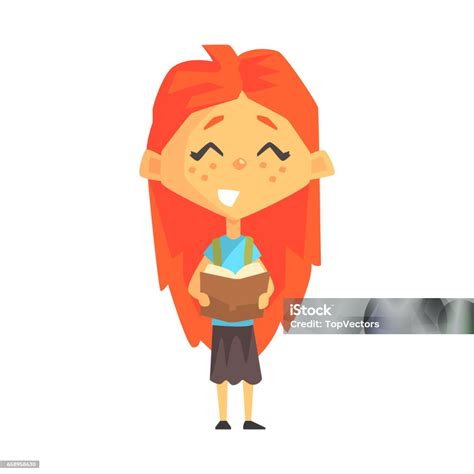 책을 읽는 웃는 빨간 머리 소녀 초등학교 아이 초등학교 회원 고립 된 젊은 학생 캐릭터 공부에 대한 스톡 벡터 아트 및 기타 이미지 Istock