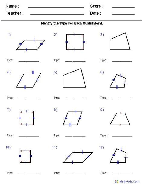 Math Sheets Geometry Worksheets Quadrilaterals Worksheet Teaching