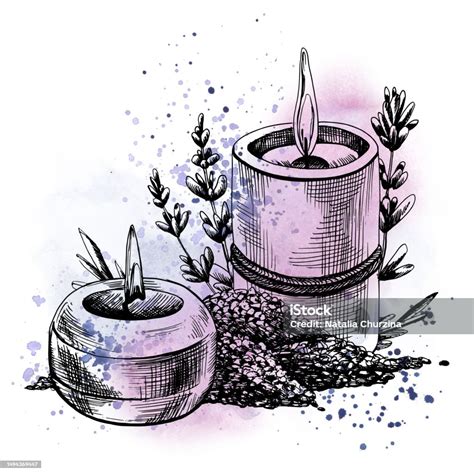 바다 소금과 라벤더 꽃이 있는 양초 손으로 그린 그림 수채화 얼룩과 물보라가 있는 그래픽 흰색 배경에 격리된 구성입니다 건강관리와 의술에 대한 스톡 벡터 아트 및 기타