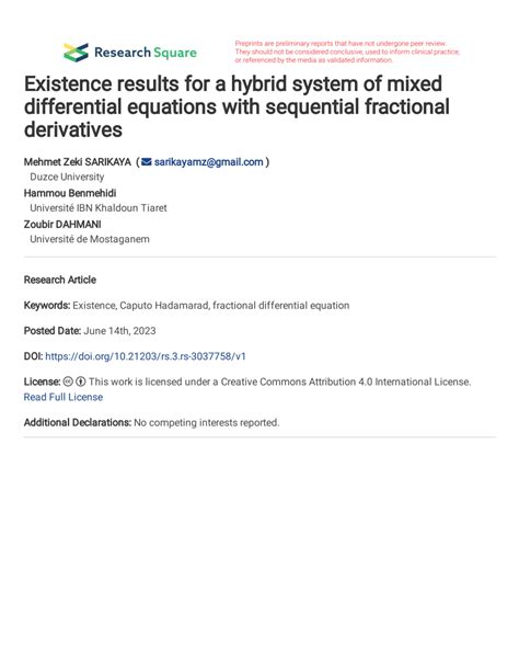 Pdf Existence Results For A Hybrid System Of Mixed Differential