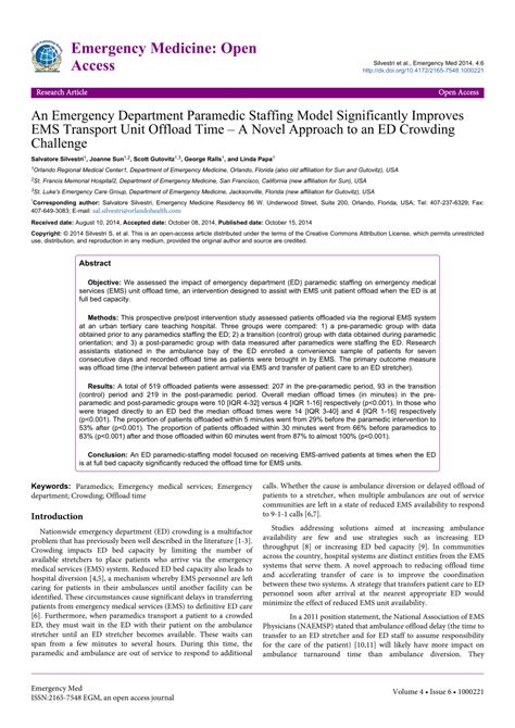 Pdf An Emergency Department Paramedic Staffing Model Significantly Improves Ems Transport Unit