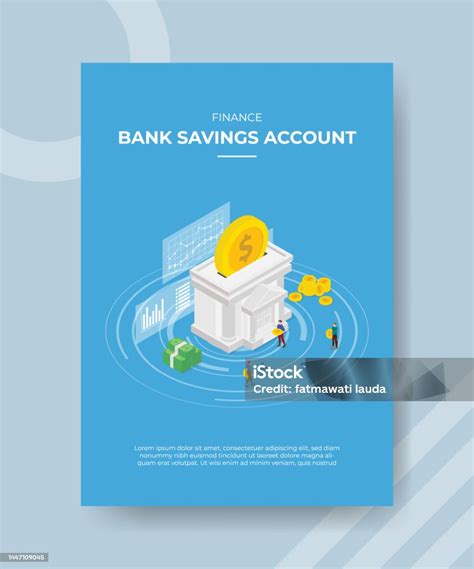 금융 은행 저축 계좌 사람들은 템플릿 전단지와 인쇄 배너 표지 아이소메트릭 3d 평면 스타일에 대 한 돈 동전 은행 건물 주위에 서 서 있습니다 은행업무에 대한 스톡 벡터