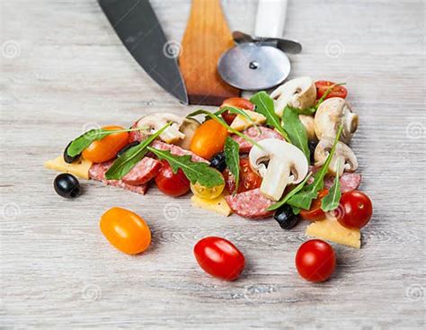 Creative Composition Of Ingredients Tomatoes Cheese Salami Mushrooms
