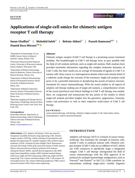 Pdf Applications Of Single‐cell Omics For Chimeric Antigen Receptor T