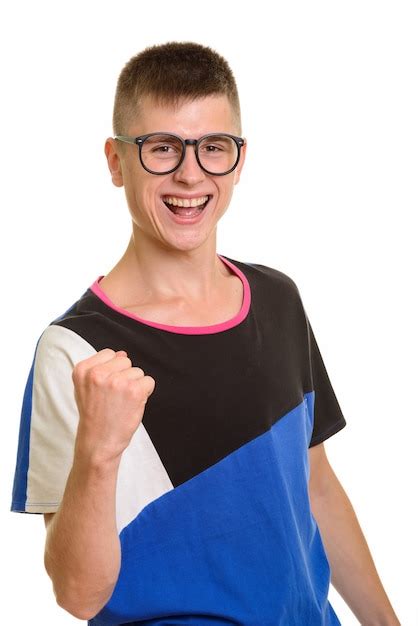 Premium Photo Young Happy Caucasian Nerd Man Smiling And Looking