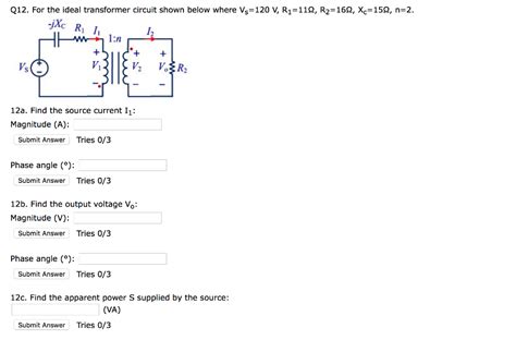 solved 012 for the ideal transformer circuit shown below