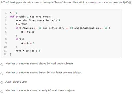 5 The Following Pseudocode Is Executed Using The Scores Dataset What