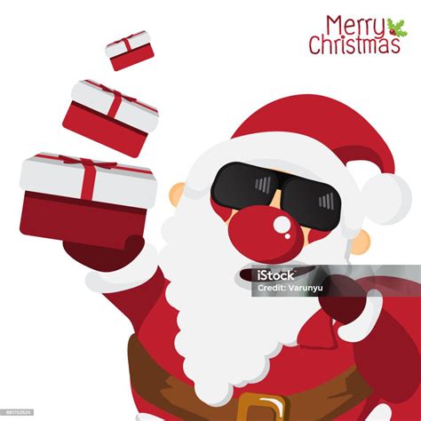 흰색 절연된 배경 메리 크리스마스와 휴일 개념에 선글라스와 스마트 산타 캐릭터 만화 인사말 카드와 포스터 벡터 일러스트 레이 션