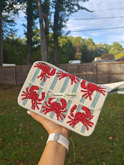 Red Crab Beaded Bag Blue Striped Coastal Purse Beach Party Nautical