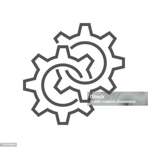 흰색 배경에 두 개의 톱니바퀴가 있는 검은색 격리된 윤곽선 아이콘입니다 기어 휠의 라인 아이콘입니다 편집 가능한 획 주당순이익 10 벡터에 대한 스톡 벡터 아트 및 기타