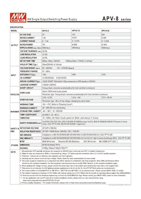 Mean Well APV AC DC Single Output Constant Current CV Input Vac Output VDC At