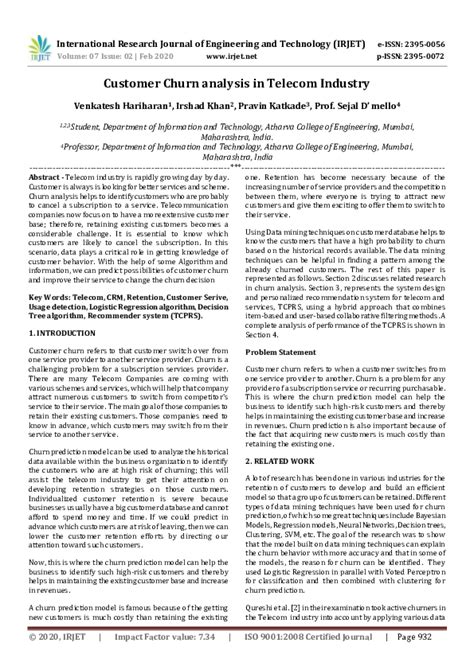 Pdf Irjet Customer Churn Analysis In Telecom Industry