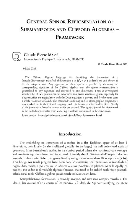 Pdf General Spinor Representation Of Submanifolds And Clifford Algebras Framework