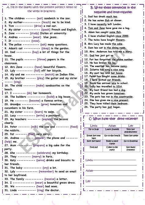 Present Perfect Practice Affirmative Negative Interrogative Esl Worksheet By