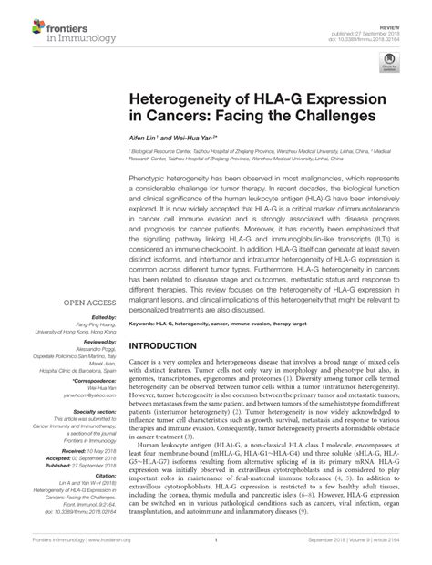 Pdf Heterogeneity Of Hla G Expression In Cancers Facing The Challenges