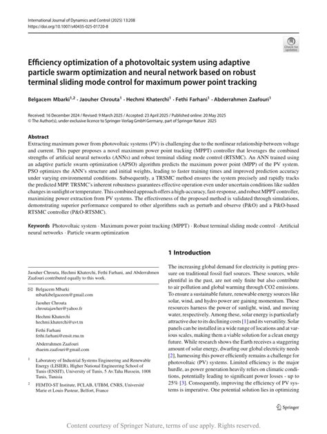 Efficiency Optimization Of A Photovoltaic System Using Adaptive Particle Swarm Optimization And