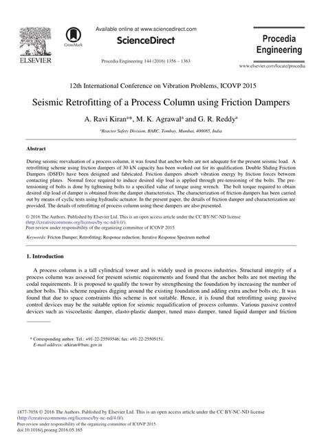 Pdf Seismic Retrofitting Of A Process Column Using Friction Dampers