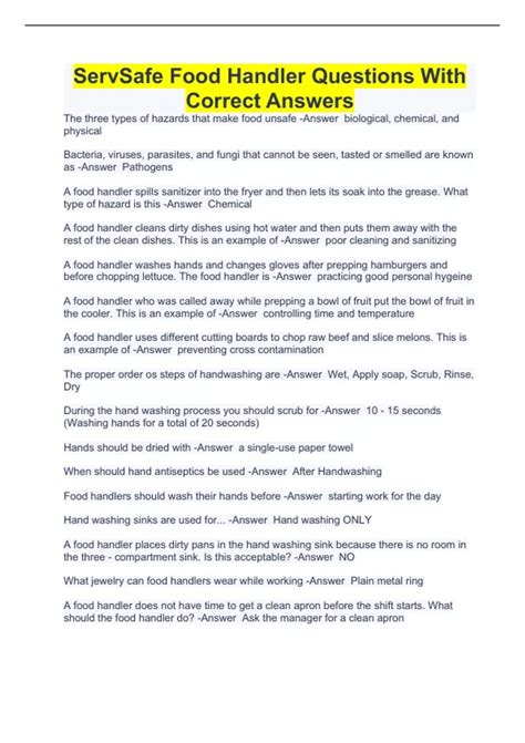 ServSafe Food Handler Questions With Correct Answers ServSafe Food Handler Stuvia US