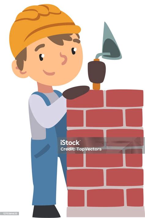 소년 건설 노동자 흙과 벽에 벽돌을 누워 전문 도구 만화 벡터 일러스트와 파란색 바지와 하드 모자를 입고 귀여운 작은 빌더 캐릭터 건설 산업에 대한 스톡 벡터 아트 및 기타