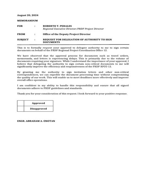 Memo Request For Authorization To Sign Letters For Prdp Pdf