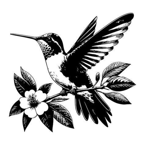 A Black And White Drawing Of A Hummingbird With Flowers And Leaves